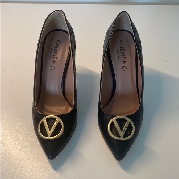 Valentino | Shoes | Valentino Black And Gold Heels With Iconic V Logo ...